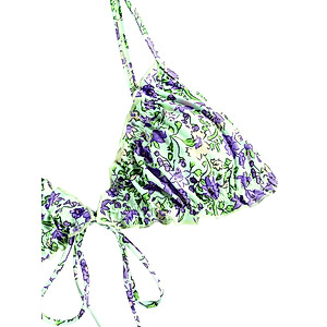 ZAFUL Women's Ruffled Textured Bow Tie Bikini Ditsy Floral Printed Swimsuit Two Piece Bathing Suit (Green&Purple M)