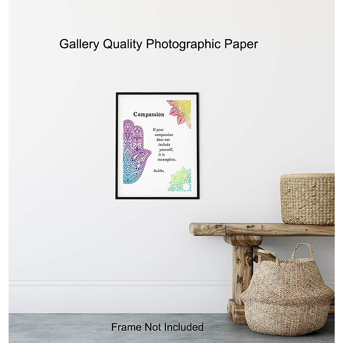 Compassion Buddha Quote - Inspirational Zen Wall Art Decor - 8x10 Buddhism Poster Print for Spa Decoration, Yoga, Meditation Room - Namaste Buddhist Gift - Hamsa Hand of Fatima, Mandala, Lotus, Om