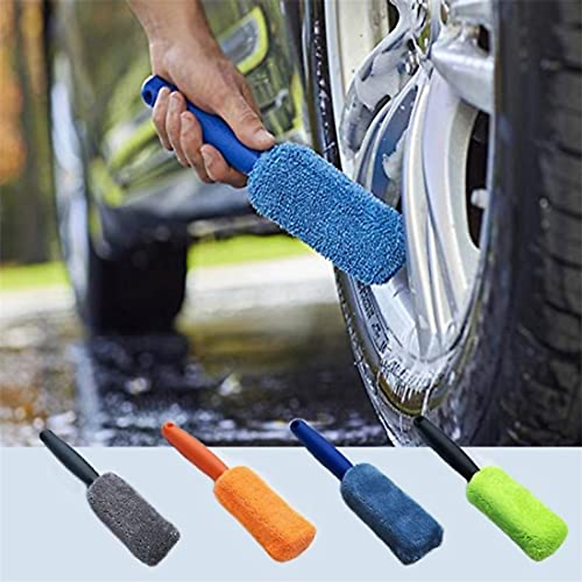 InfantLY Bright Wheel Rim Brush, Microfiber Metal Free & Cleaning Long Easy Reach Detailing Car Wash Cleaner Tool for Wheels Exhaust Tips Motorcycles Bicycles Grills