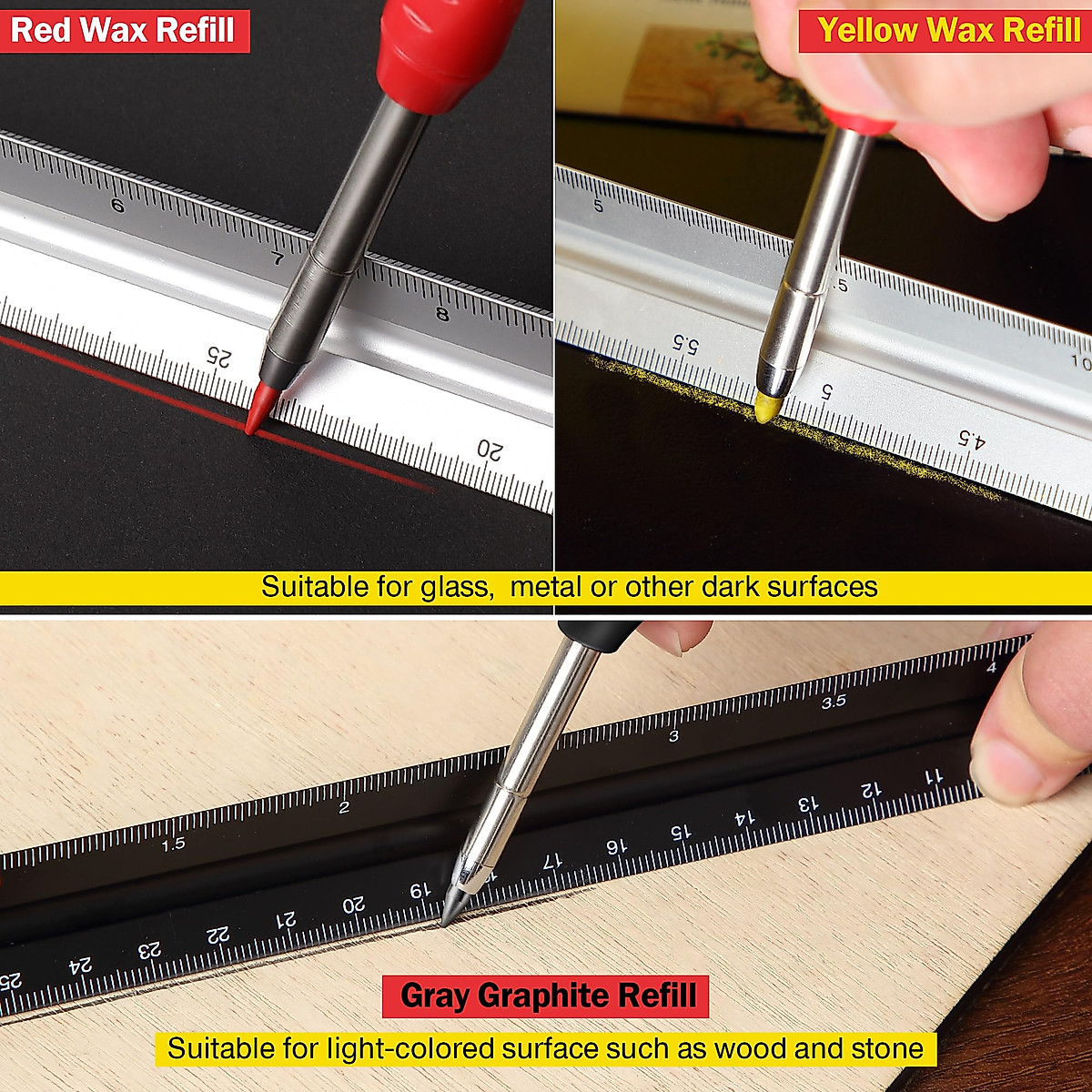 Hiboom 2 Pack Solid Carpenter Pencil with 14 Refill, Long Nosed Deep Hole Mechanical Pencil Marker with Built-in Sharpener for Carpenter Woodworking Architect Fathers Day Gift (Black, Red)