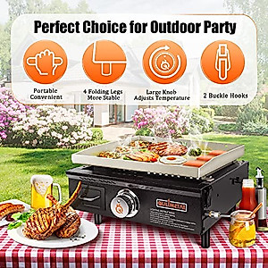 QuliMetal Portable Griddle Flat Top Grill 17 Inch Table Top Griddle Gas Grill Propane Grill with Carry Bag Outdoor Griddle Camping Griddle 15,000 BTU Burner 268 Sq Stainless Steel For Party Tailgating