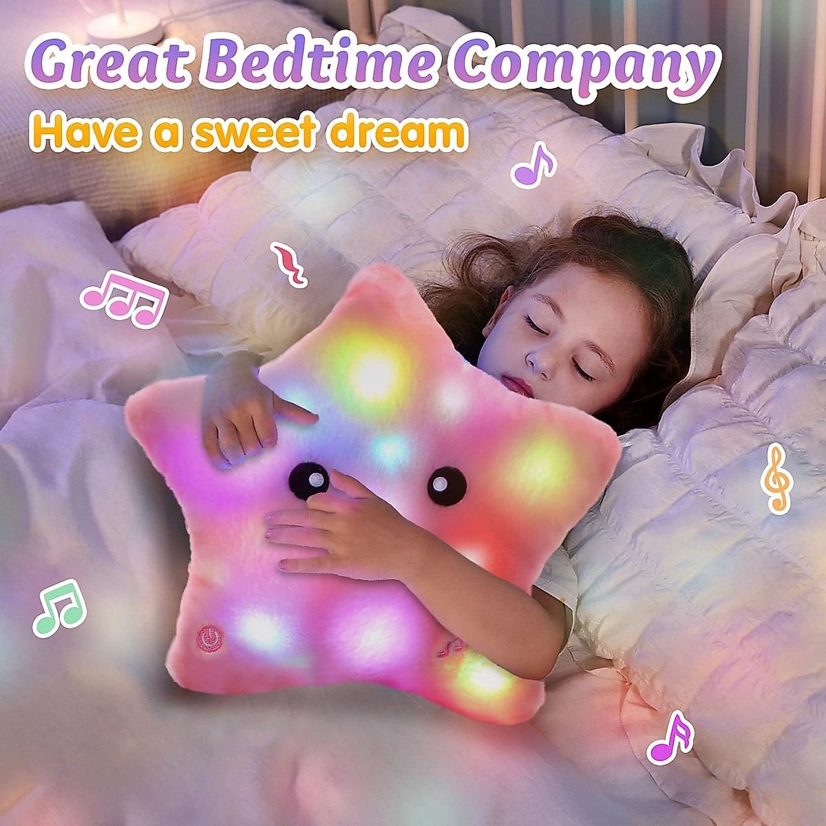 BSTAOFY Musical LED Twinkle Star Stuffed Animals Creative Lullaby Light up Soft Singing Pillow Plush Toys Accompany Kids Glow at Night Birthday Valentines Day for Girls Toddlers, Pink