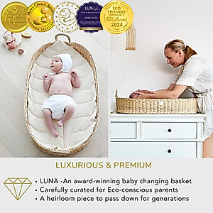 BEBE BASK Premium Baby Changing Basket - Artisan-Crafted Rattan with Extra High Sides - Wicker Changing Basket for Baby Dresser - All Accessories Included - Complete Set for Nursery (Rattan)