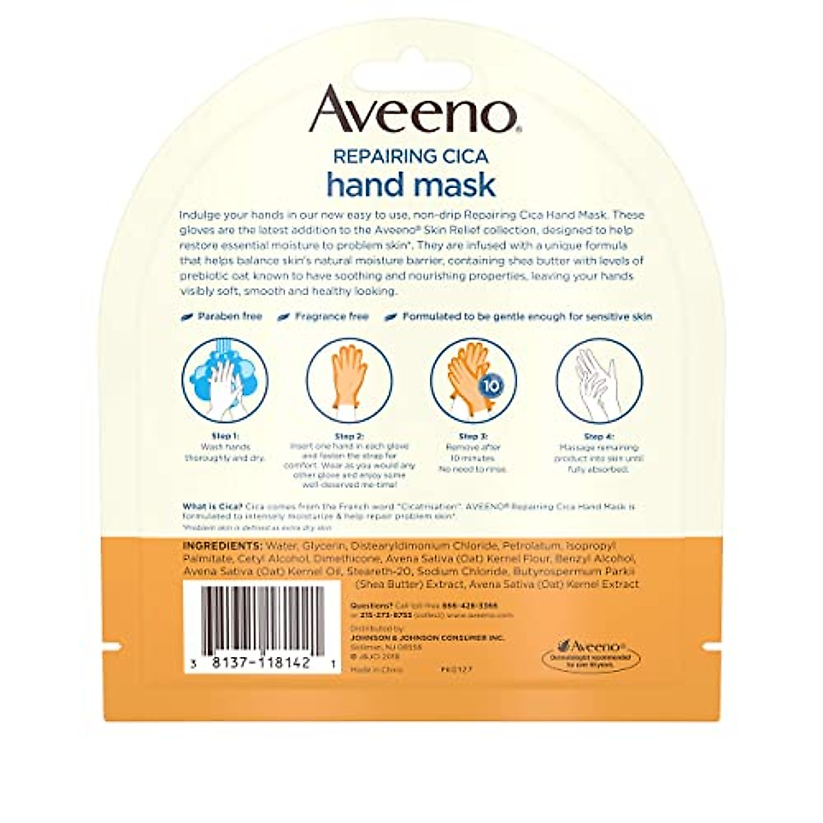 Aveeno Repairing CICA Hand Mask with Prebiotic Oat and Shea Butter for Extra Dry Skin, Paraben-Free and Fragrance-Free, 1 Pair of Single-Use Gloves (Pack of 5)