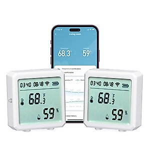 Geeni Smart Temperature and Humidity Monitor Sensor 2 Pack - Indoor Wireless WiFi Thermometer Hygrometer for House, Alexa, Google Home App Controlled, Batteries Included.
