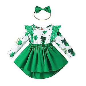 Noubeau Infant Baby Girl St. Patrick's Day Dress Ruffle Long Sleeve Romper Top Lucky Clover Print Skirt Outfits+Headband（Green- Dress,6-9 Months）