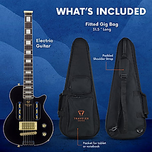 Traveler Guitar EG-1 Custom Gloss Black Electric Guitar | Small Electric Guitar with Headphone Amp | Full 24 3/4" Scale Travel Guitar | Portable Mini Guitar | Headless Guitar with Custom Gig Bag