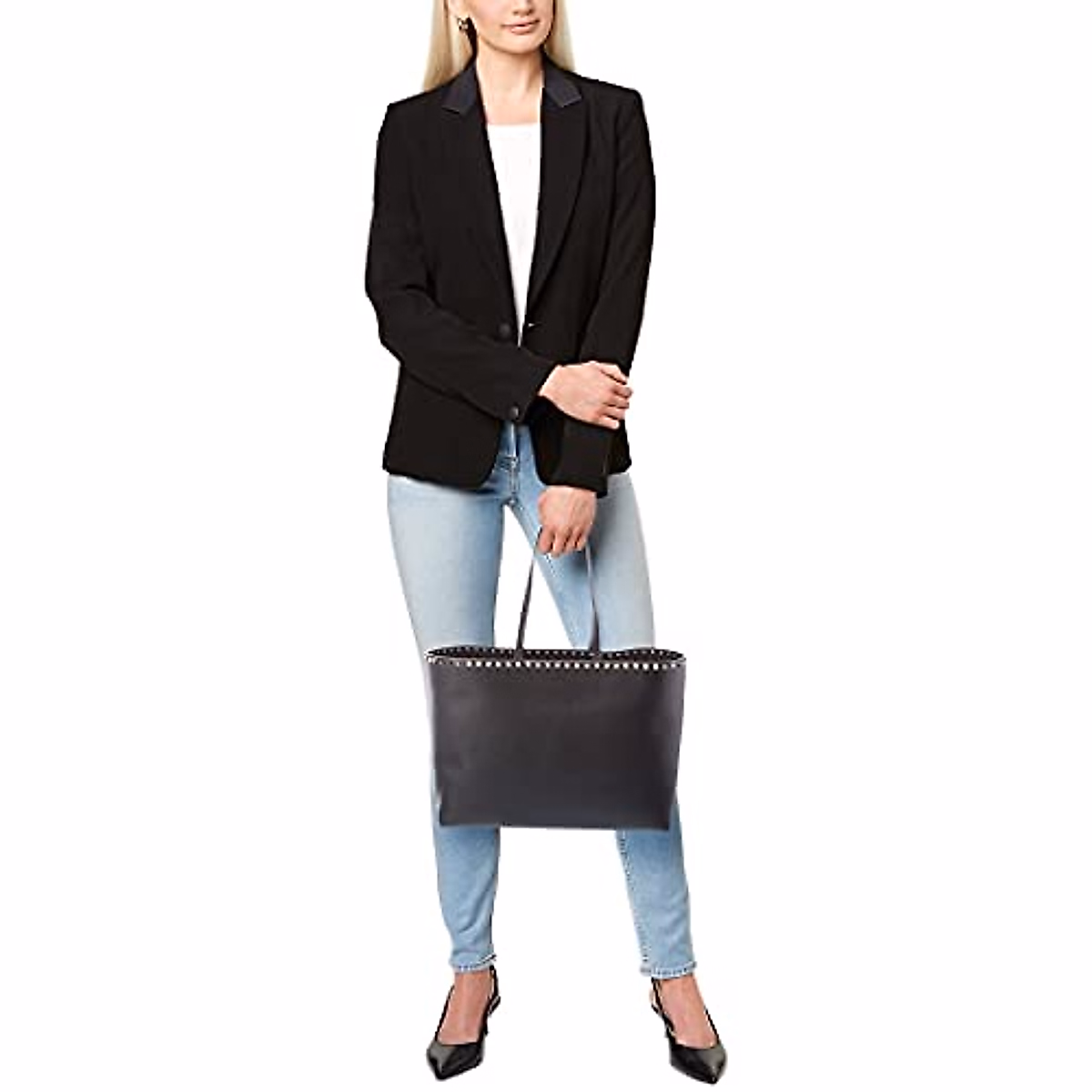 Valentino Rockstud Large Grainy Leather Shopper Tote, Black