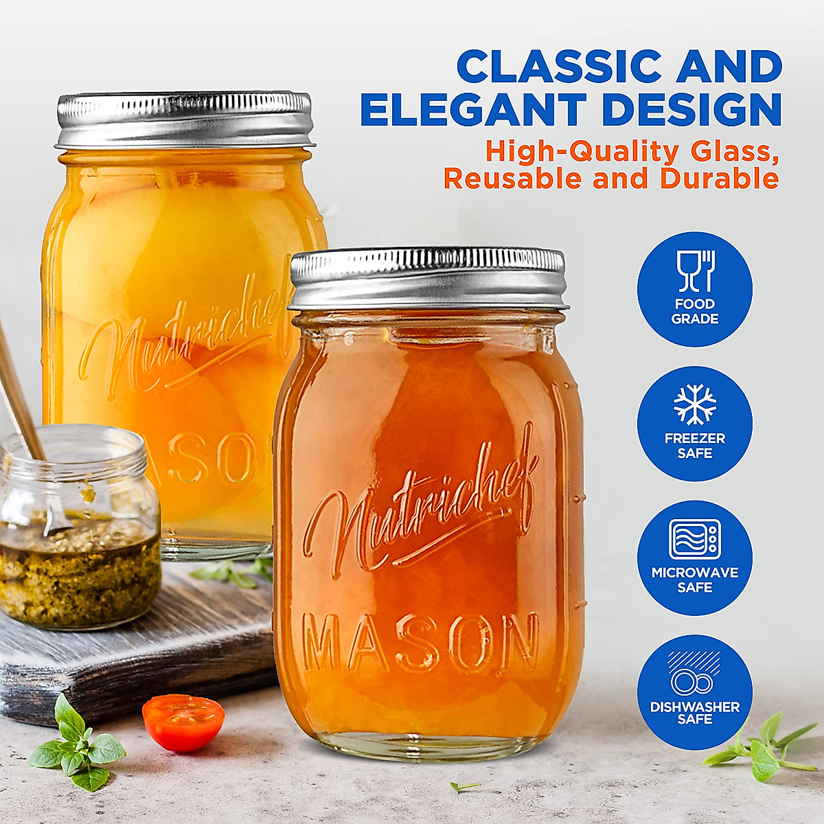 NutriChef 6-Pack 16 oz Mason Jars with Lids - Thick Glass Canning Jars with Stainless Steel Lids - Ideal for DIY Spices, Meal Prep, Overnight Oats, Jelly, Jam, Honey, Candles, Crafts, & More