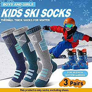 Anlisim Kids Merino Wool Ski Socks for Girls Boys Teen Thermal Winter Warm Thick Hiking Knee High Socks Stocking Stuffers for Skiing Snowboarding (Grey / Dark Blue / Green C, 12-15 Y)