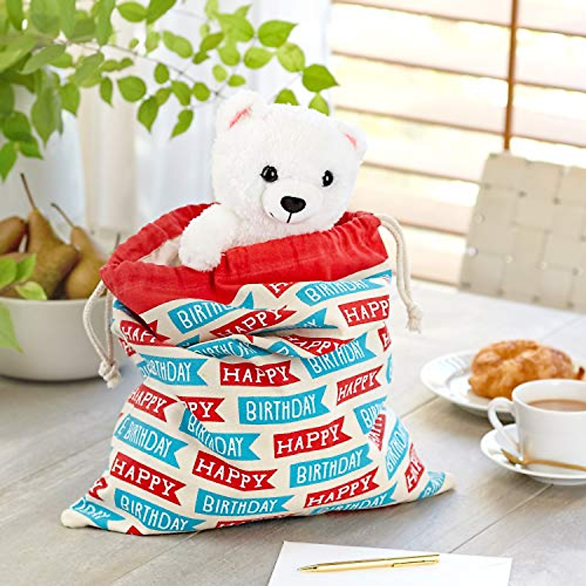 Hallmark 19" Large Birthday Drawstring Gift Bag (Red and Blue "Happy Birthday" Flags) for Kids, Grandchildren, Adults, Coworkers, Friends