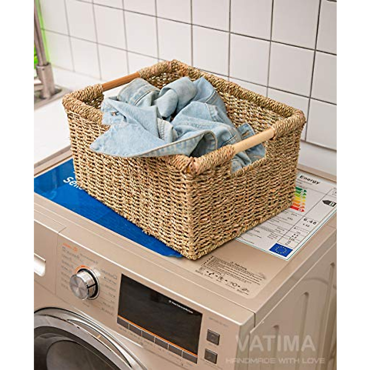 Large Wicker Storage Basket with Wooden Handles, Seagrass Baskets for Shelves, Natural Basket With Handle, Wicker Baskets for Storage 14.5 x 10.3 x 7.5 inches