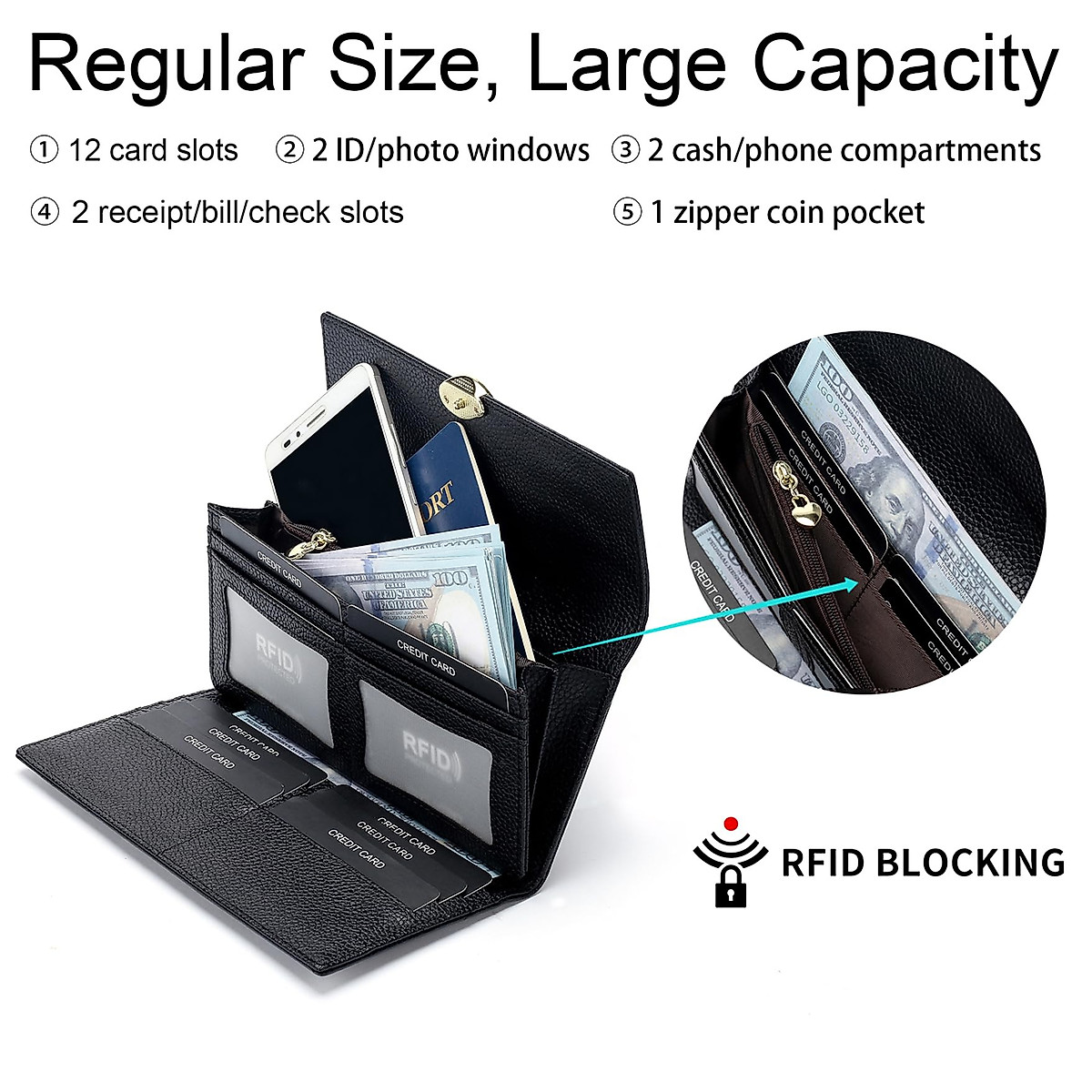 Repterbo Womens Wallets RFID Blocking Genuine Leather Trifold Wallet for Women Long Clutch Card Large Cute Ladies Wallet Black