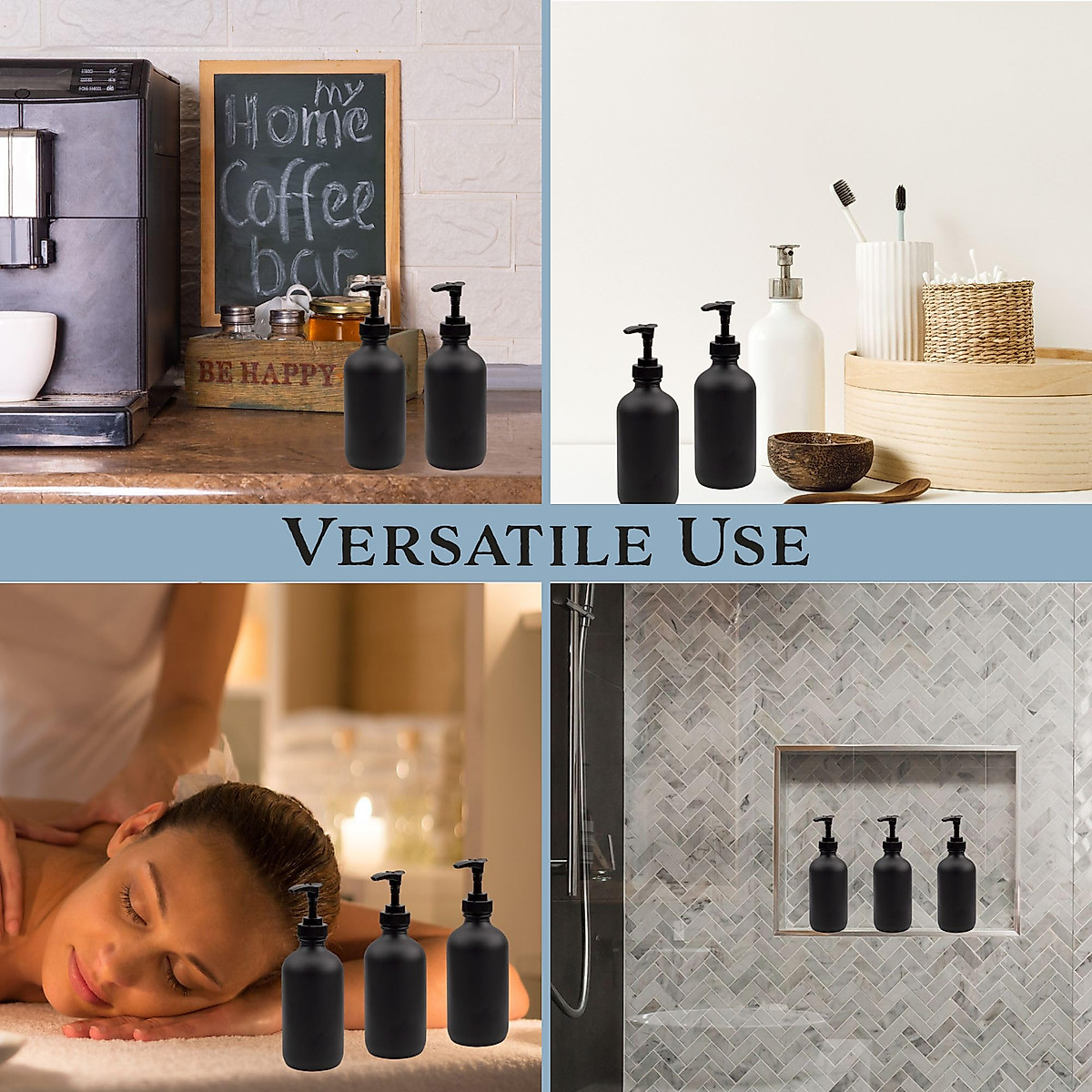 Cornucopia Brands Black Coated 8-Ounce Glass Pump Bottles (4-Pack), Great for Lotions, Liquid Soap, Aromatherapy and More