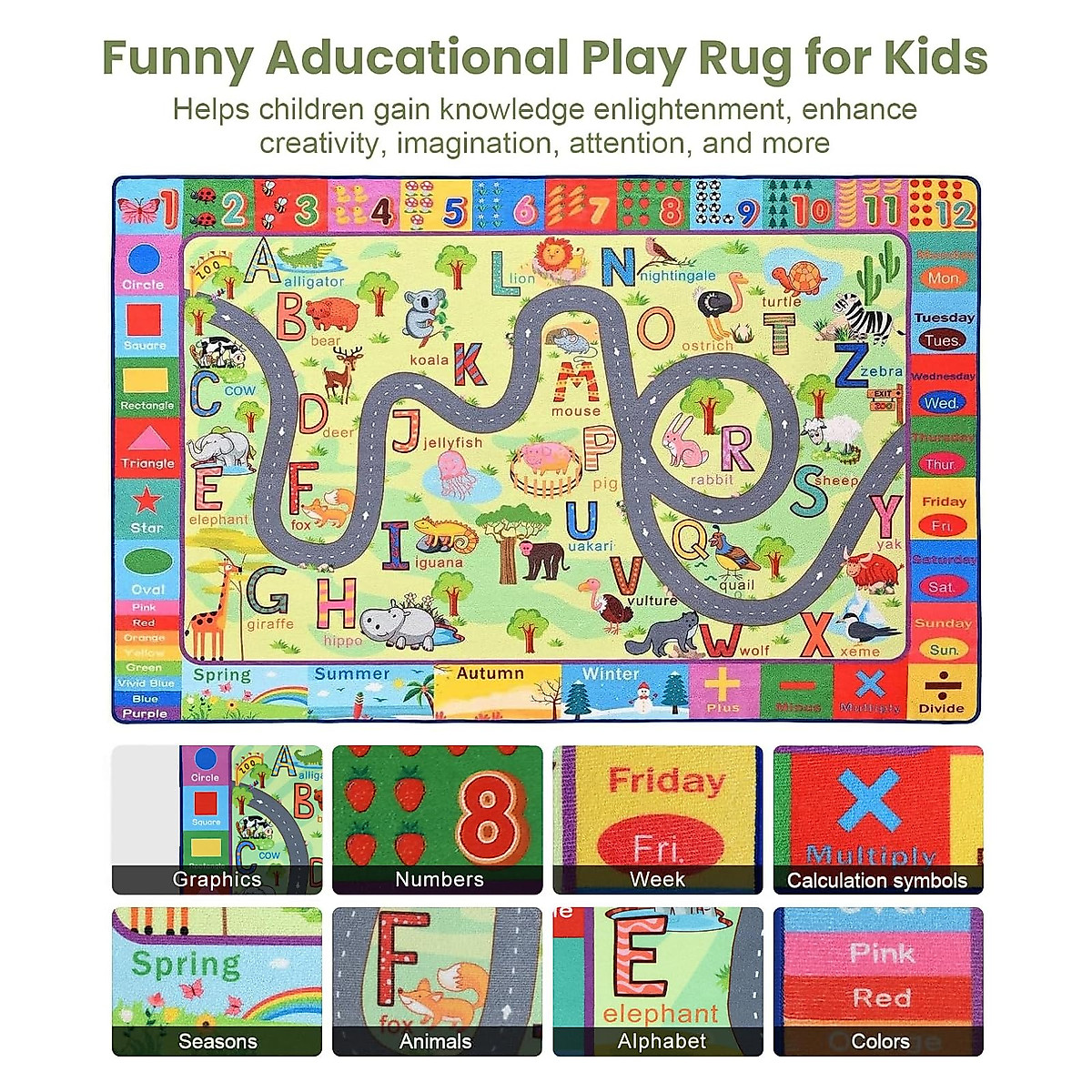 Terrug Kids Rugs for Playroom, Educational Classroom Rug for Kids Room, Washable Nursery Rug Carpet Non Slip Playroom Rug Play Mat for Learning ABC Rug, Numbers, Animal, Colors, Season, 4X6 Feet