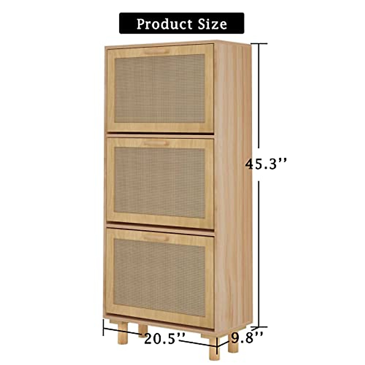 Wekity Shoe Storage Cabinet, Rattan Shoe Cabinet with 3 Flip Drawers, Narrow Free Standing Shoe Cabinet for Heels Slippers Boots, Wood Shoe Cabinet for Entryway Hallway 10X21X45Inch (Nature)