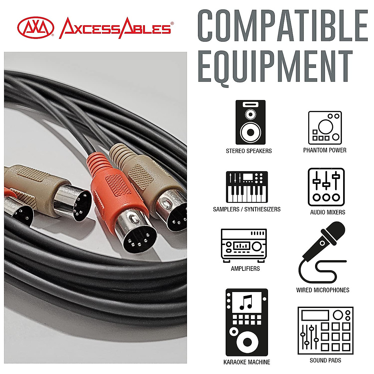 AxcessAbles 10ft MIDI Cable Dual 5-Pin to Dual 5-Pin. MIDI (Musical Instrument Digital Interface) Cable for Digital Keyboards, Synthesizers, Audio Interfaces. (MID-203 10ft)