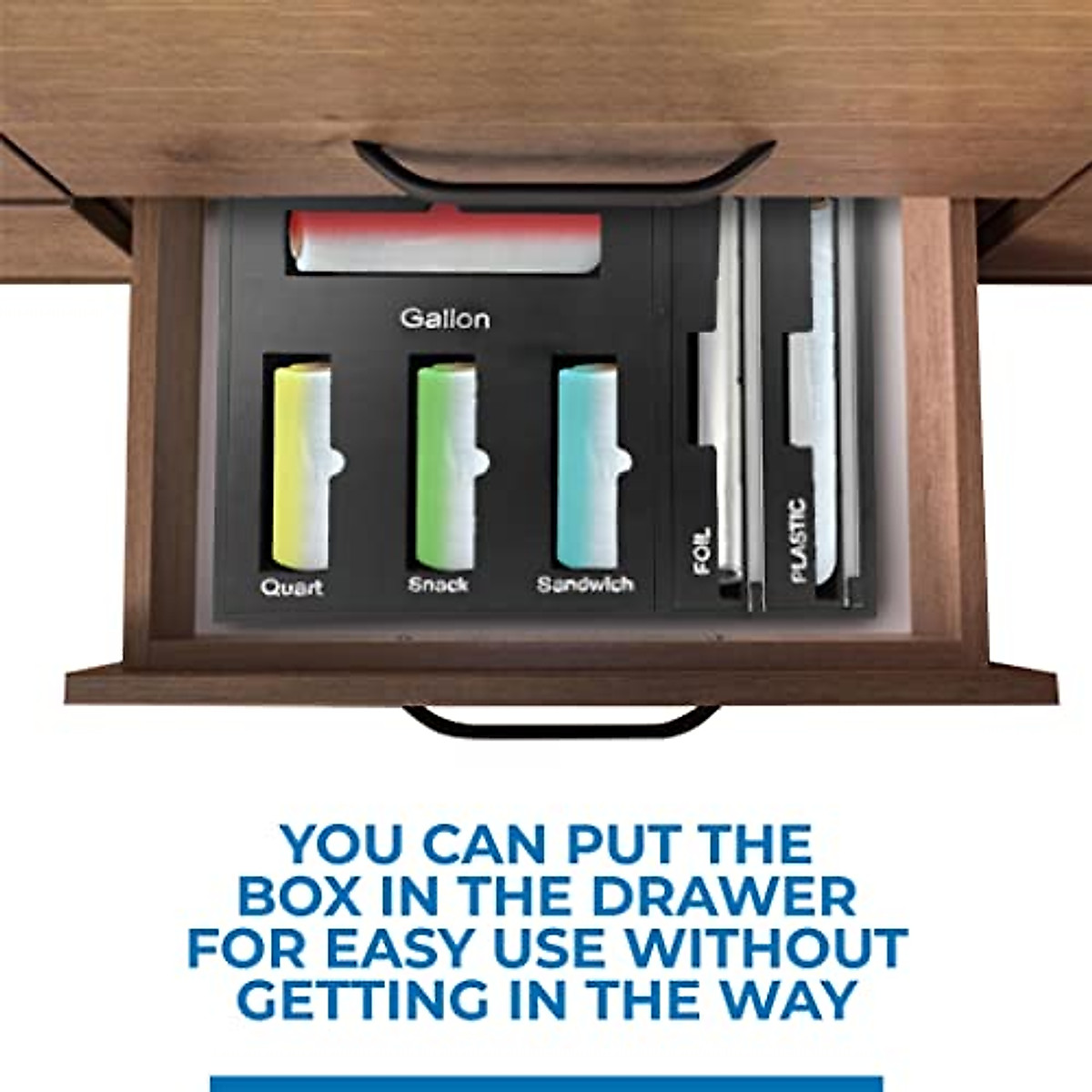 TWG Bamboo Ziplock Bag Organizer for Drawer, 6 in 1 Foil and Plastic Wrap Dispenser with Cutter, Compatible with Gallon, Quart, Sandwich and Snack Variety Size Bag