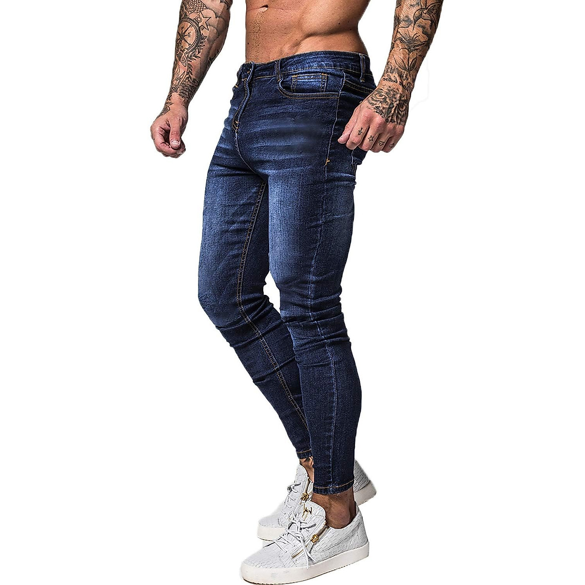 GINGTTO Skinny Jeans for Men Slim FIt Stretch Elastic Waist Mens Pant High Rise 32x30 Dark Blue