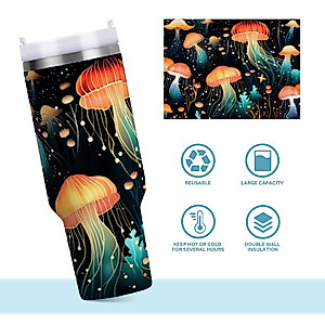 ARGTILDN 40 oz Tumbler Sea Jellyfish Glow Insulated Travel Mug with Handle and Straw Lid Stainless Steel Vacuum Coffee Cup Tea Beverage Container Water Bottles for Car Sports office