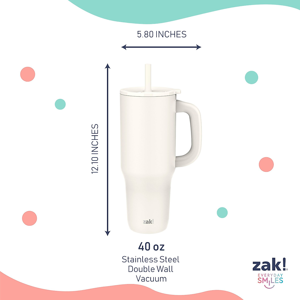Zak Designs Sutton Travel Tumbler for On the Go, 40oz Stainless Steel with Vacuum Insulation, Silicone Straw, and Carry Handle for Cold Drinks (Cream White)