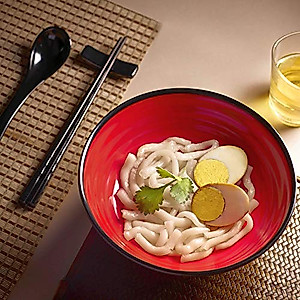 Unbreakable Ramen Bowl Set with Chopsticks and Spoon: 2 large Japanese Style Melamine Ramen Bowls, Dipping Bowls and Chopstick Stands for Asian Pho Soup Thai Miso Udon Wonton (2 Bowl Set, Red-Black)