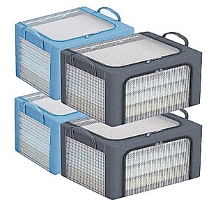 AARAINBOW Closet Clothes Organizer 4 Pcs, Stackable Storage Bins with Clear Window & Handles Steel Frame Storage Boxes with Lids Foldable Storage Container for Clothes Toys, 24L (2 Gray 2 blue)