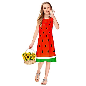 Girls Watermelon Dress Summer Sleeveless Tank Dress Fruit Printed Twirl Skater Flowy Dress 5-6 Years