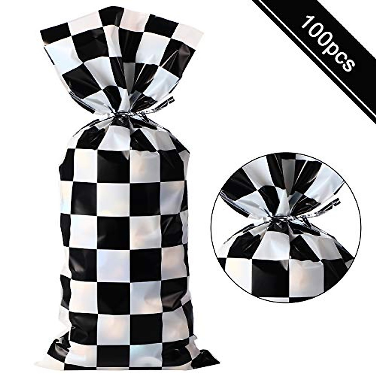 100 Pieces Cellophane Car Candy Bags Black White Checkered Racing Treat Bags Plastic Race Gift Goodie bags Food Storage Bags for with 100 Pieces Silver Twist Ties for Cars Birthday Party Decorations