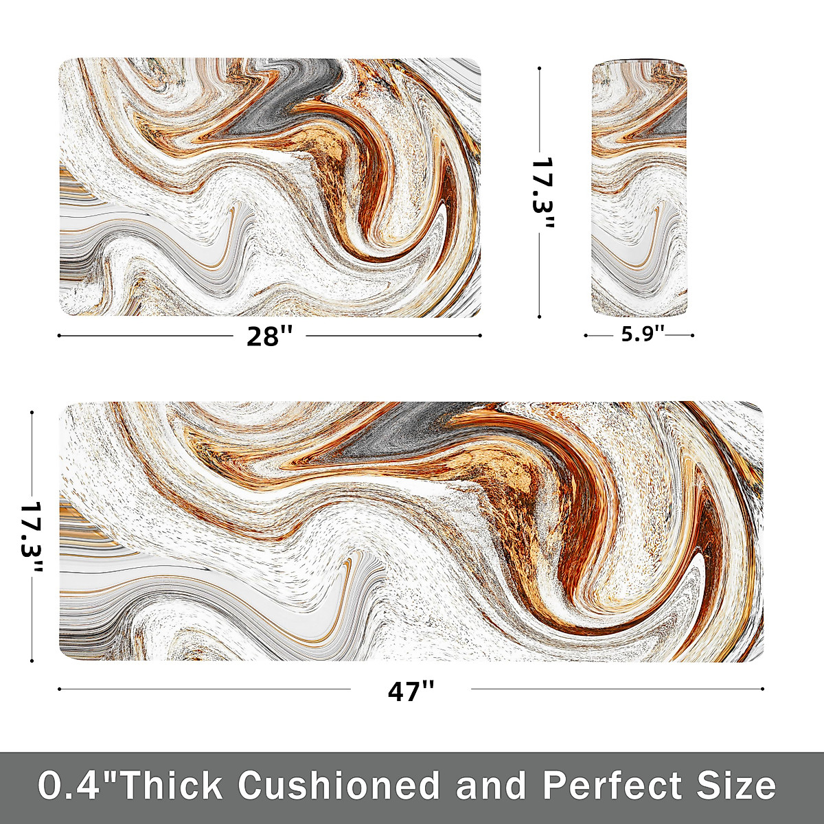 Kitchen Mats for Floor Anti Fatigue Floor Marble Cushioned Memory Foam Non Slip PVC Leather Padded Comfort Standing Rugs Set of 2, Abstract Golden Swirl Design, C1