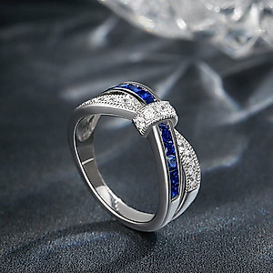 Jeulia Crossover Sterling Silver Women's Band Fashion Anniversary Promise Engagement Ring for Women With Gift Jewelry Box (9.5) (Blue & White, 10.5)