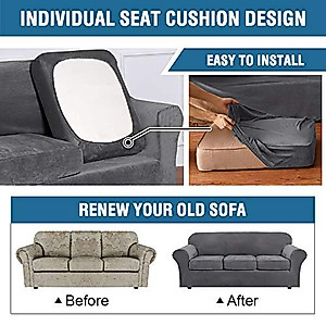 H.VERSAILTEX Rich Velvet Stretch 2 Piece Chair Cover Chair Slipcover Sofa Cover Furniture Protector Couch Soft with Elastic Bottom Chair Couch Cover with Arms, Machine Washable(Chair,Grey)