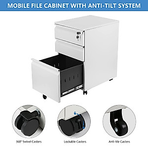 3 Drawer Mobile File Cabinet, Under Desk Metal Filing Cabinet with Lock and Wheels, Filing Cabinets for Home Office, Legal/Letter/A4 File Folders Storage, 15.35"Wx19.68"Dx25.59"H Unassembled(WHITE)