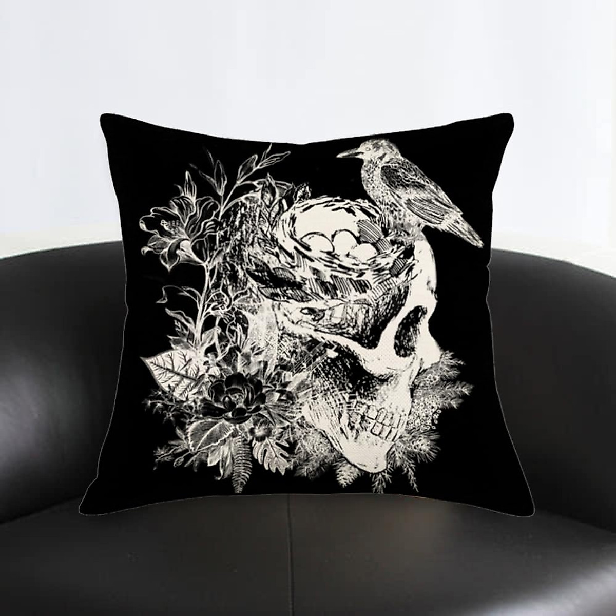 Halloween Decoration Pillow Covers 20x20 Inch Skull Black White Pillow Cases Death Skeleton Floral Bird Crow Modern Urban Retro Hand Drawn Pattern Cushion Covers Decorative Pillows for Home Room Sofa
