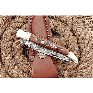 HUNTEX Custom Handmade Hand-Forged Twist Pattern Damascus Steel 4 Inch Long Natural Rosewood Handle Razor Sharp Hunting Camping Folding Pocket French Lagouli Knife with Genuine Leather Pouch
