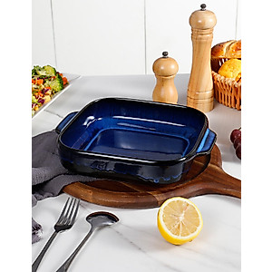 Ceramic Baking Dish - 8x8 Deep Square Baking Pan, Lasagna Pan with Double Handles, Non-Stick Casserole Pan for Oven, Brownie, Lasagna, Roasting - Home Gift (Reactive Glaze Blue)