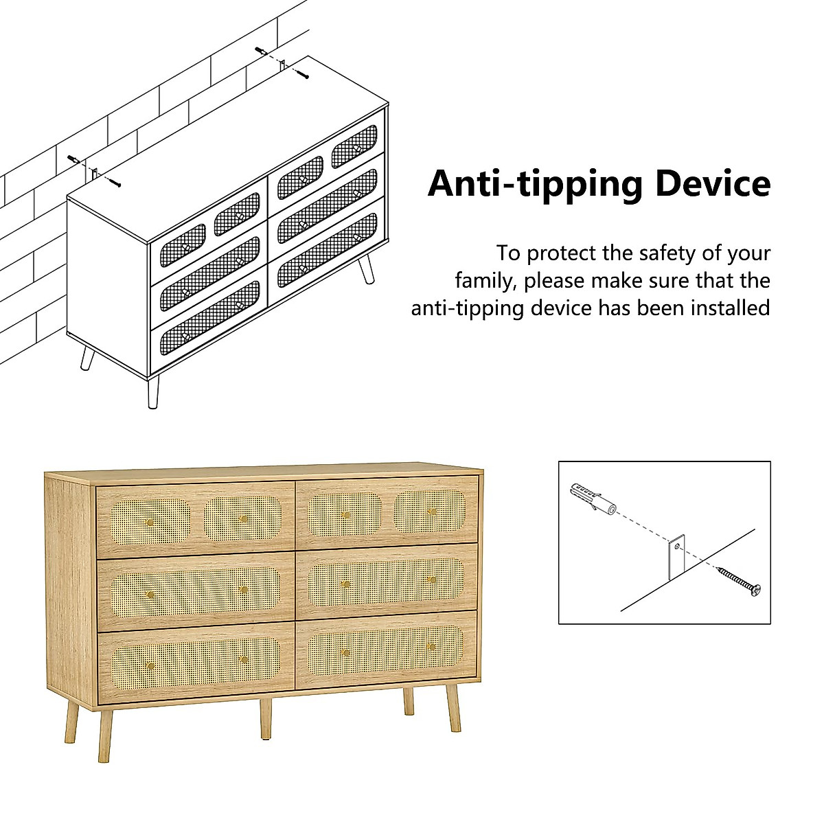 HOUROM Rattan Dresser for Bedroom, Modern 6 Drawer Double Dresser with Gold Handles, Natural Wood Storage Dressers & Chests of Drawers, 6 Drawer Dressers
