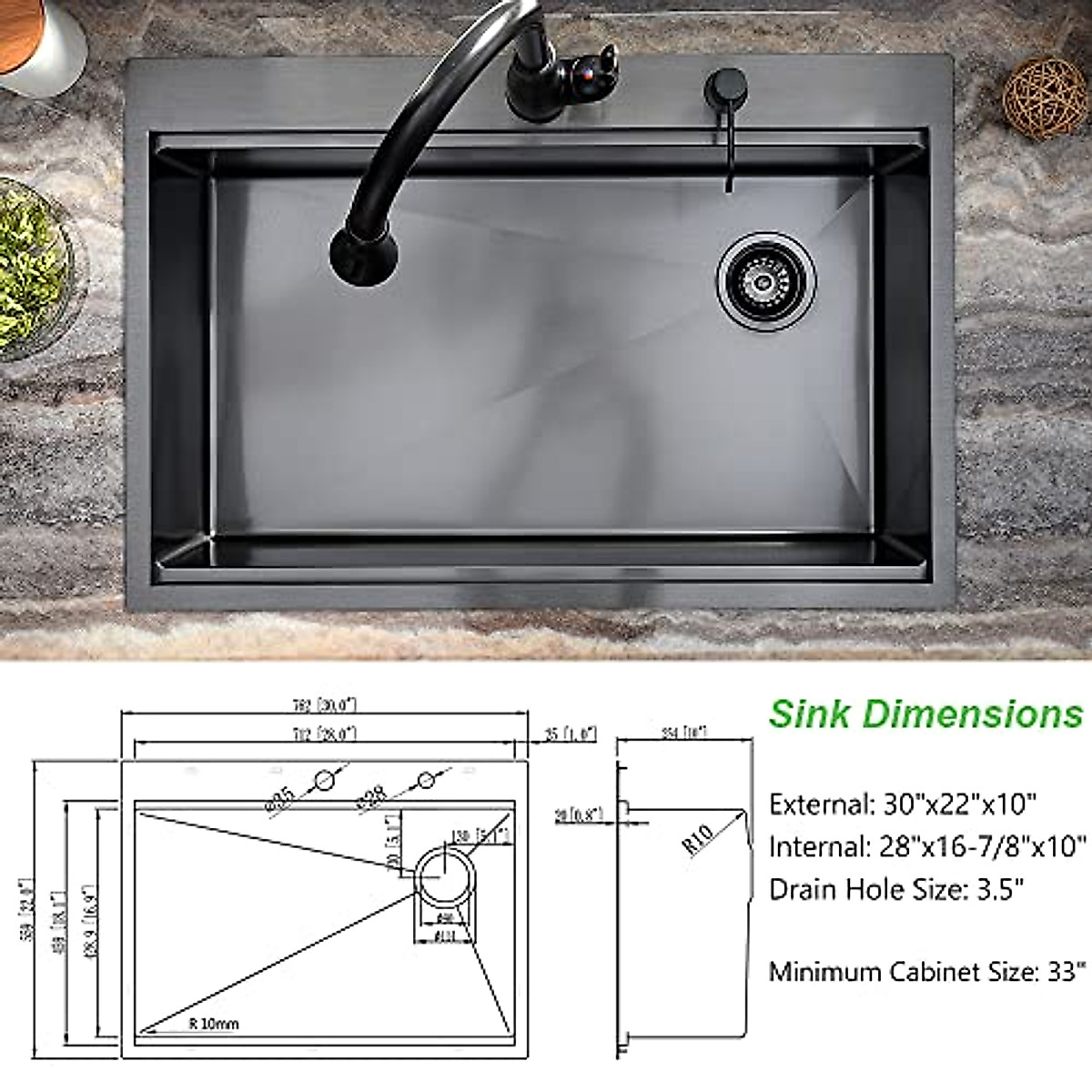 30 Inch Black Drop in Kitchen Sink Workstation, Jshozzy 30x22 Drop-in Top Mount Kitchen Sink Stainless Steel Black Kitchen Sink Single Bowl Deep Kitchen Sink with Offset Drain