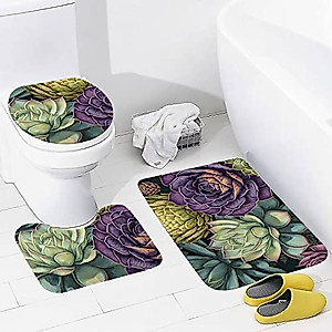 Habilboi Bathroom Rugs Sets 3 Piece with Toilet Cover, Bath Mats for Bathroom Non Slip, U-Shaped Contour Toilet Mat Succulent Patterns 20x32inch Bath Mats for Bathroom Floor
