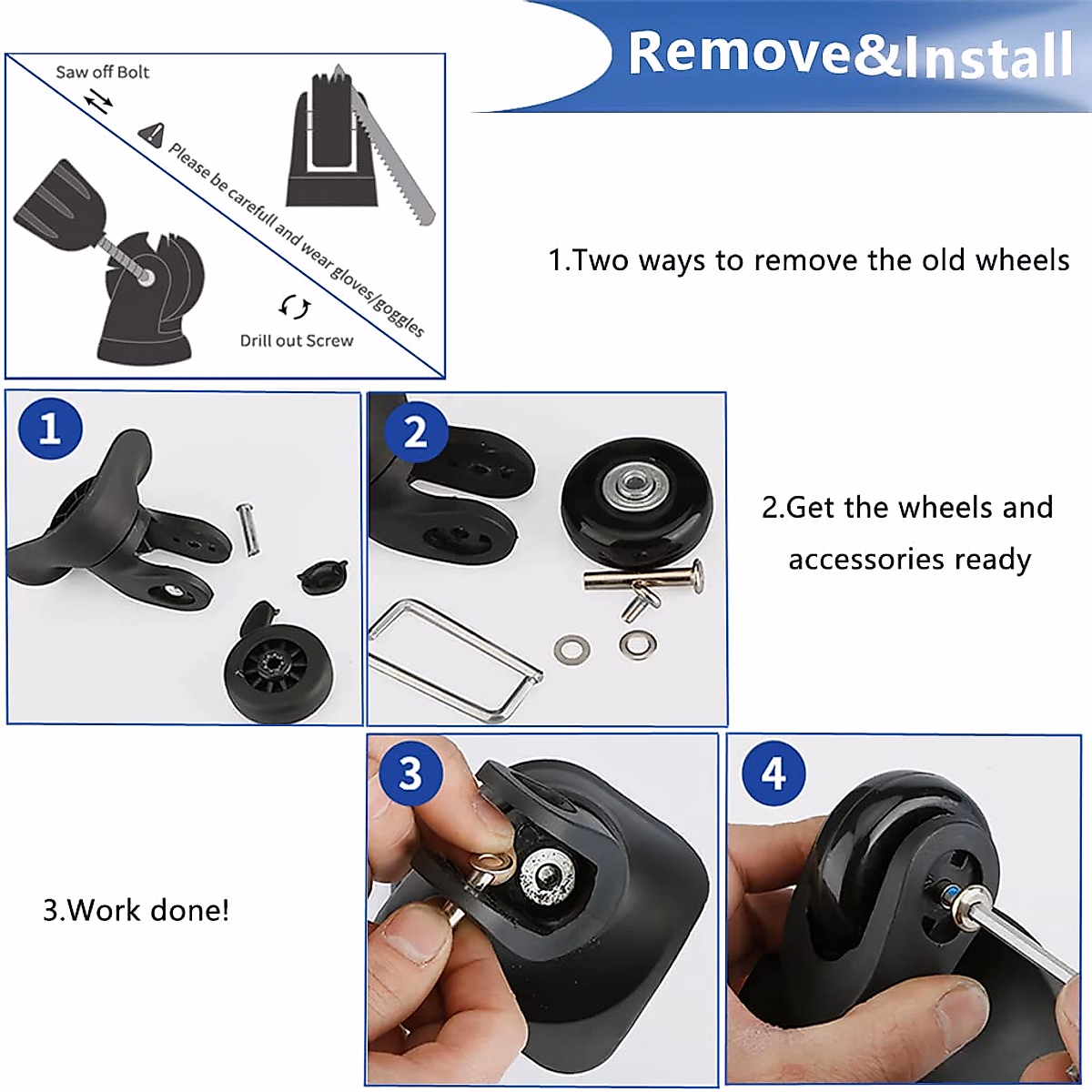 45mm Set of 4 Luggage Suitcase Replacement Wheels for Trolley Case Wheels Travel Bags Caster Inline Roller Skating Roller Swivel Rubber Wheels Bearings Repair Kits with Axles 30mm&35mm&60mm