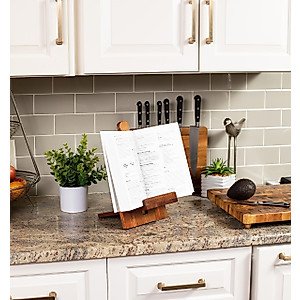 BIRDROCK HOME Wooden Cookbook Tablet Stand for The Kitchen Counter | Natural Acacia Wood | Cooking Recipe Holder | Multi-Purpose | Cord Hole | Easy Assembly