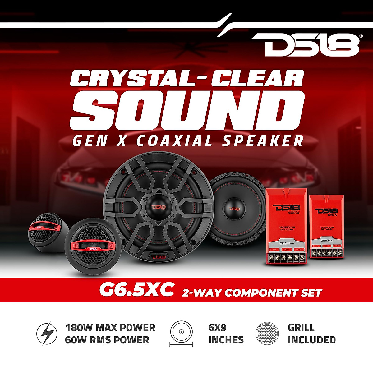 DS18 GEN-X6.5C Component Set - 6.5", 2-Way, 150W Max, 50W RMS, Black Paper Cone, Tetorn Dome Tweeters, 4 Ohms - Clarity Unparalled by Other Speakers in Their Class (2 Speakers)