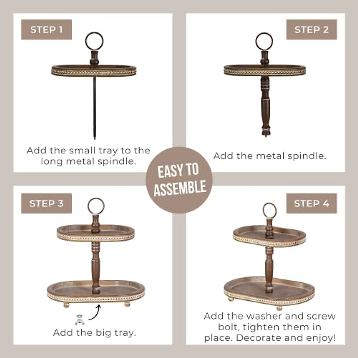 FESTWIND Oval Tiered Tray, Beaded Rustic Tiered Tray, Two Tiered Tray Stand for Kitchen Counter, Farmhouse Decorative Trays for Home Decor Distressed Brown