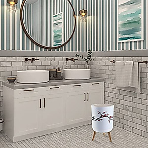 Small Trash Can with Lid Bird on Cherry Blossoms Branches Ink Oriental Style Painting 7 Liter Round Garbage Can Elasticity Press Cover Lid Wastebasket for Kitchen Bathroom Office 1.8 Gallon