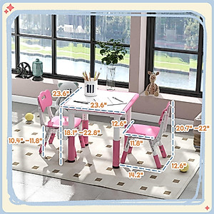 Qaba 3 Pieces Kids Table and Chairs, Height Adjustable Toddler Table and Chair Set with Storage, Easy to Wipe, Activity Table 2 Chairs for Classroom, for Daycare Classroom, 18 Months-5 Years, Pink