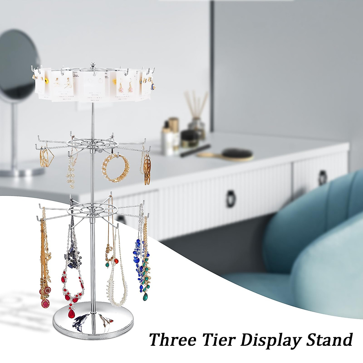 APL Display-Display Stand 3 Tier Jewelry Display Holder, Metal Necklace Display Stand, Adjustable Spinning Display Rack for Necklaces, Bracelets, Earrings, Ring