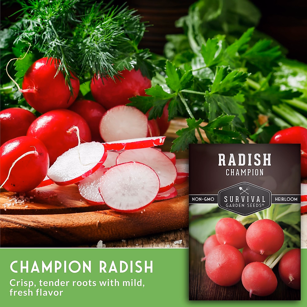 Survival Garden Seeds - Champion Radish Seed for Planting - Packet with Instructions to Plant and Grow Red Radishes in Your Home Vegetable Garden - Non-GMO Heirloom Variety