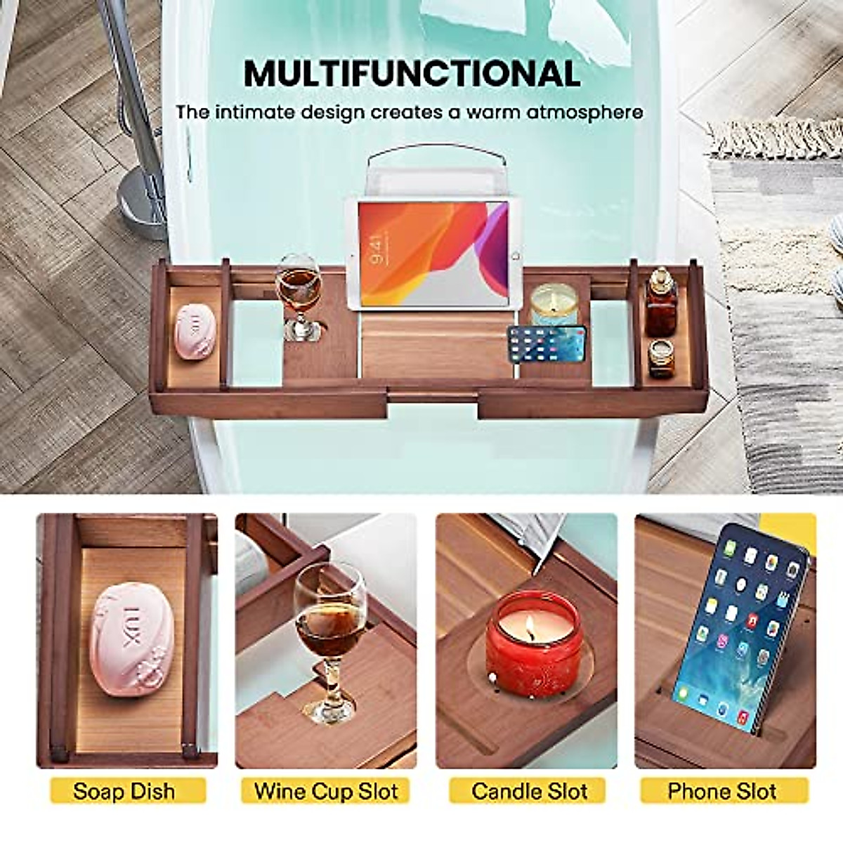 VIVOHOME Expandable 43 Inch Bamboo Bathtub Caddy Tray with Smartphone Tablet Book Holders, Soap Tray, Wine Glass Slot, Brown