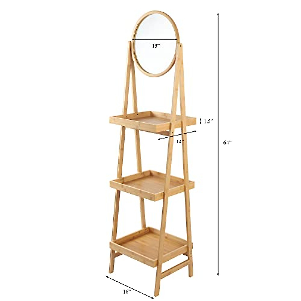 Proman Products Vega 3-Tier Bamboo Shelf Rack with Mirror ST17163, 17" W x 14" D x 64" H, Natural
