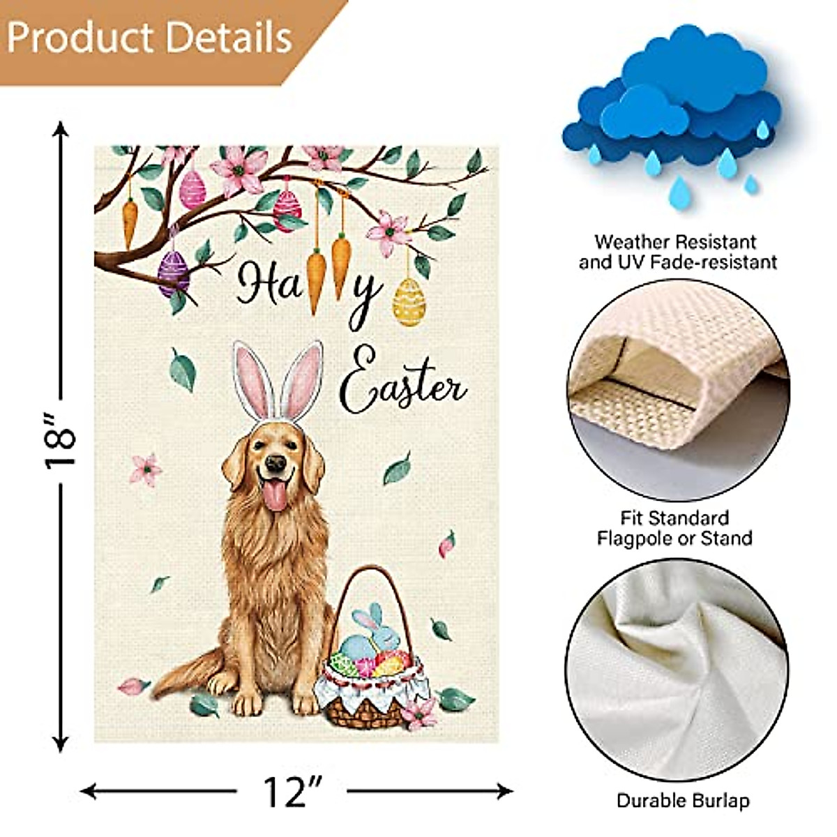 Happy Easter Garden Flag 12x18 Double Sided Burlap, Small Welcome Easter Egg Tree Dog Bunny Rabbit Garden Yard Flags for Spring Outdoor Outside Decoration (Only Flag)
